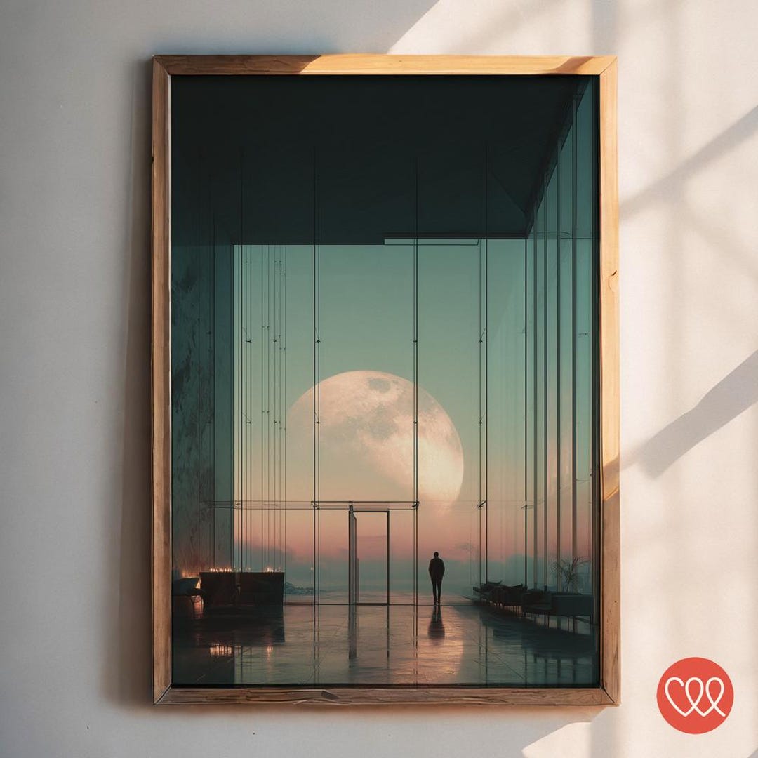 Moonlit Glass Interior Wall Art – Surreal Full Moon Window Scene ...