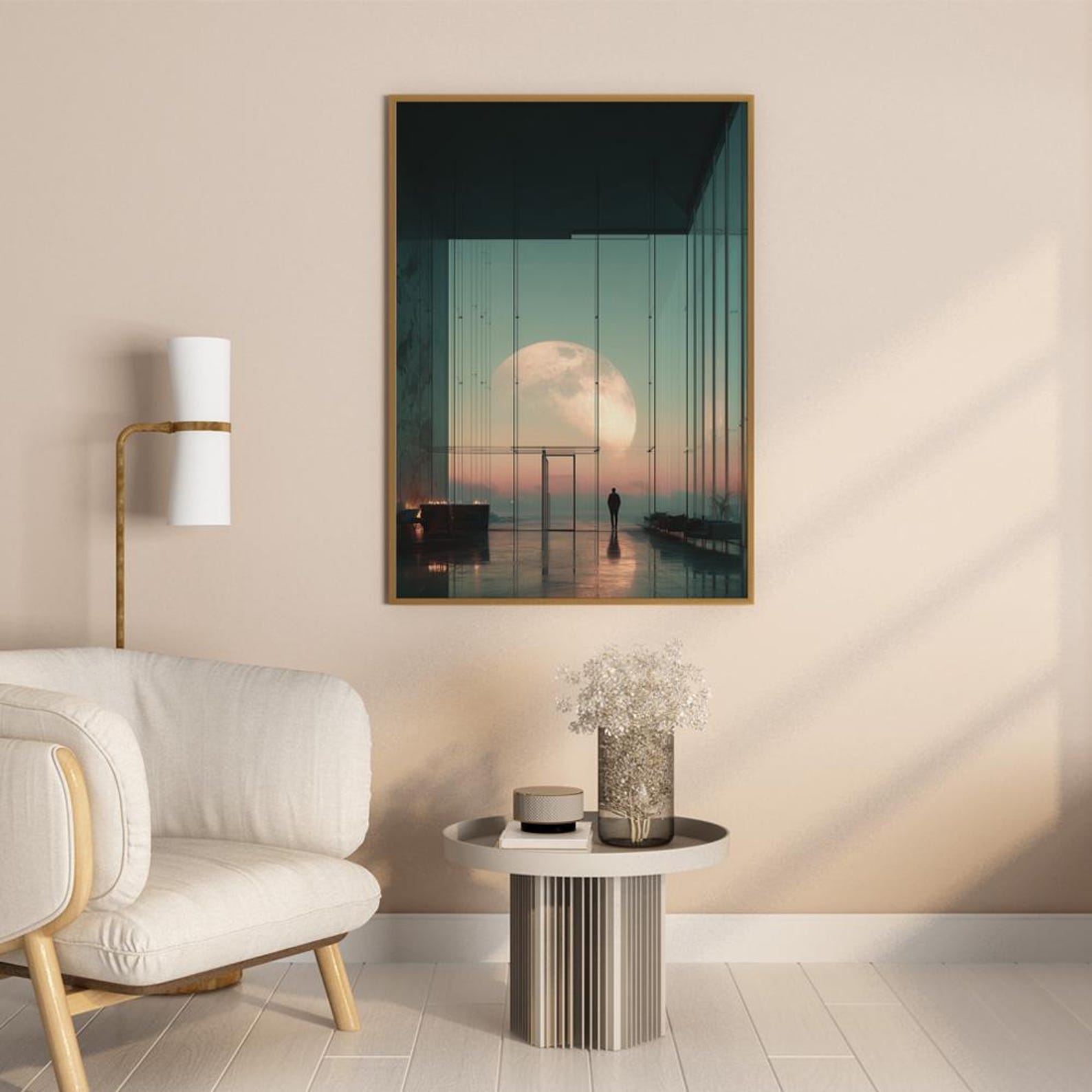 Moonlit Glass Interior Wall Art – Surreal Full Moon Window Scene ...