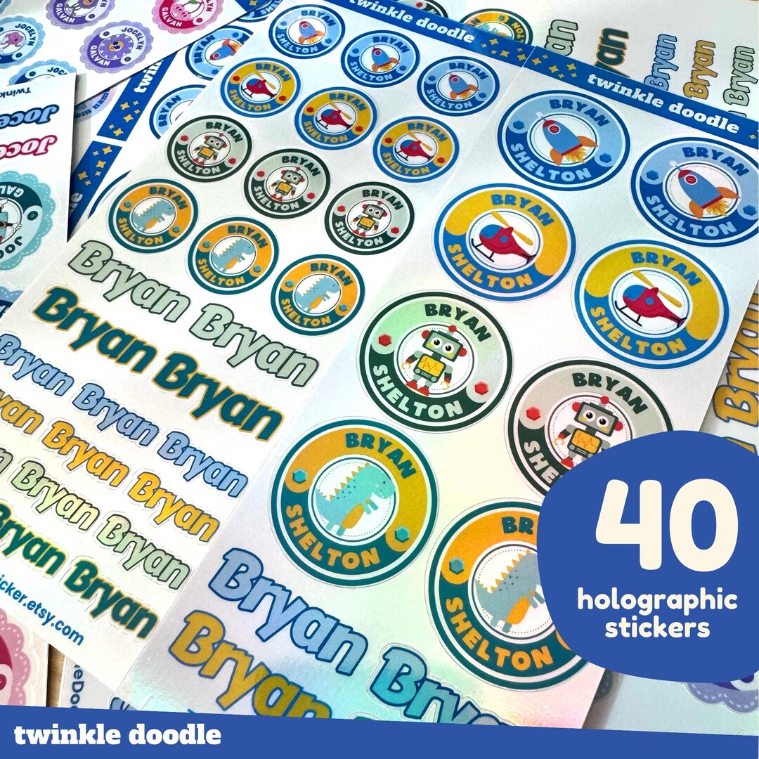 Custom Holographic Name Sticker Set | Personalized Laminated Kids Name ...