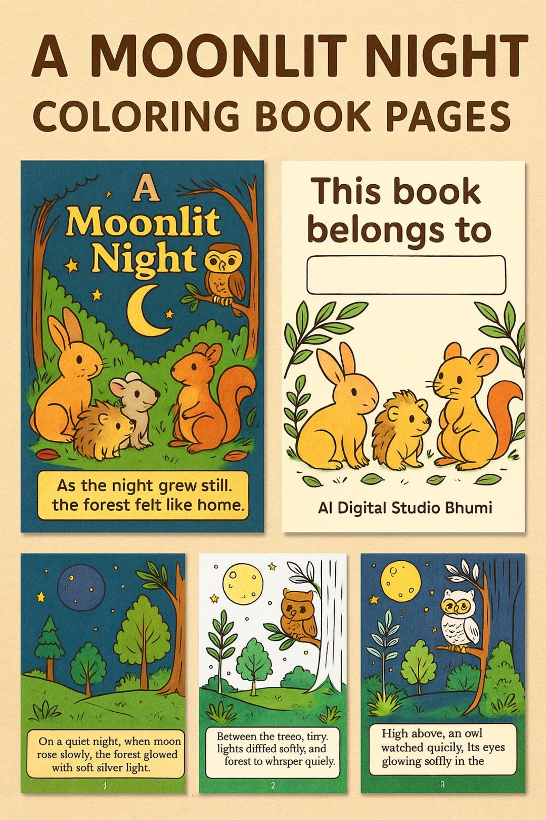 Forest Animals Kids Coloring Book | Moonlit Night Story (digital ...