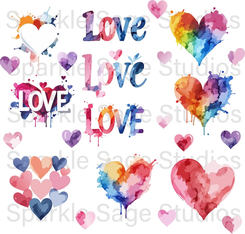 Watercolor Heart Clipart Mega Bundle | LOVE Watercolor SVG PNG Set ...