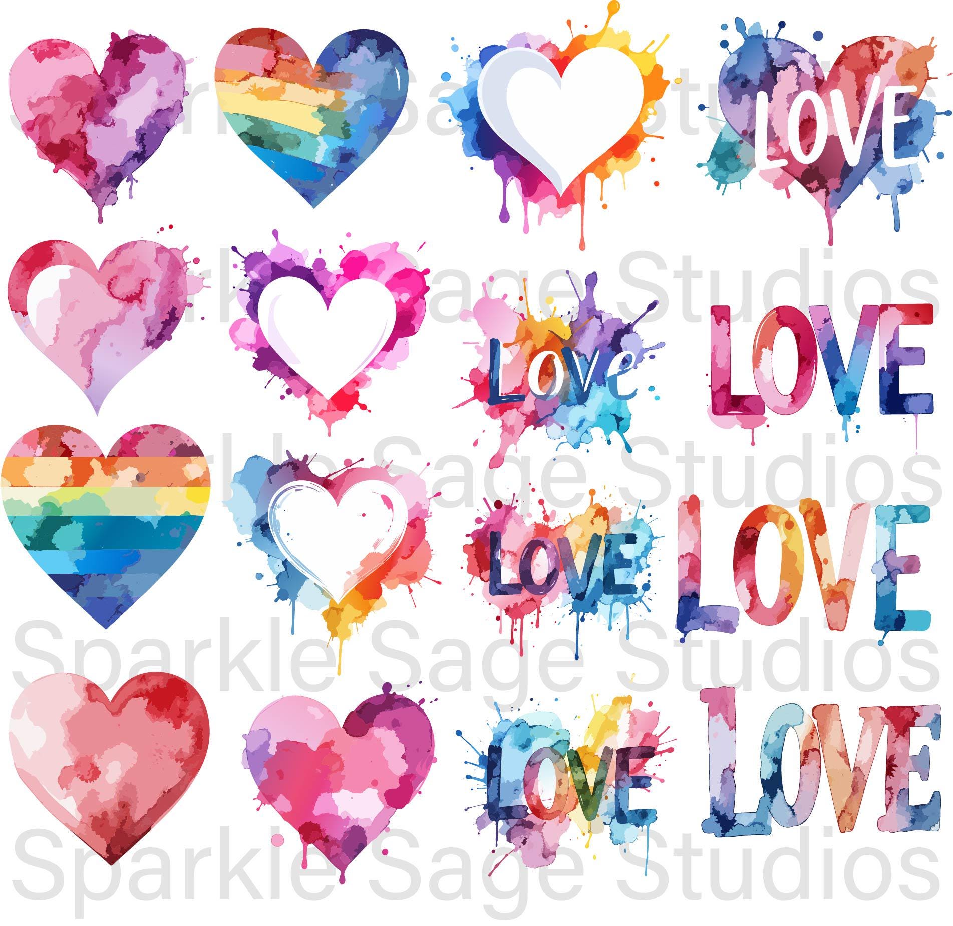 Watercolor Heart Clipart Mega Bundle | LOVE Watercolor SVG PNG Set ...