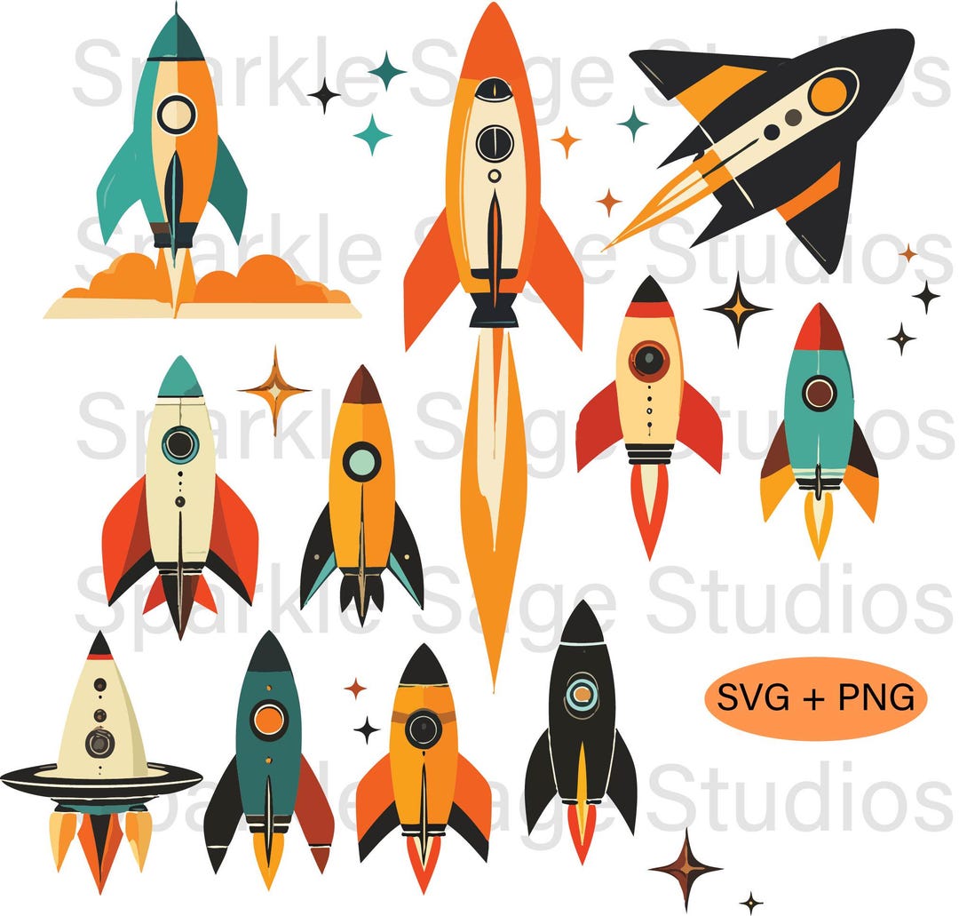 Rocket Clipart Bundle | Retro Space SVG PNG Set | Mid-century ...
