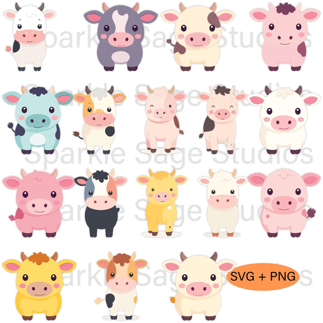 Pastel Cow Clipart Bundle | Kawaii Farm Animal Graphics (digital ...