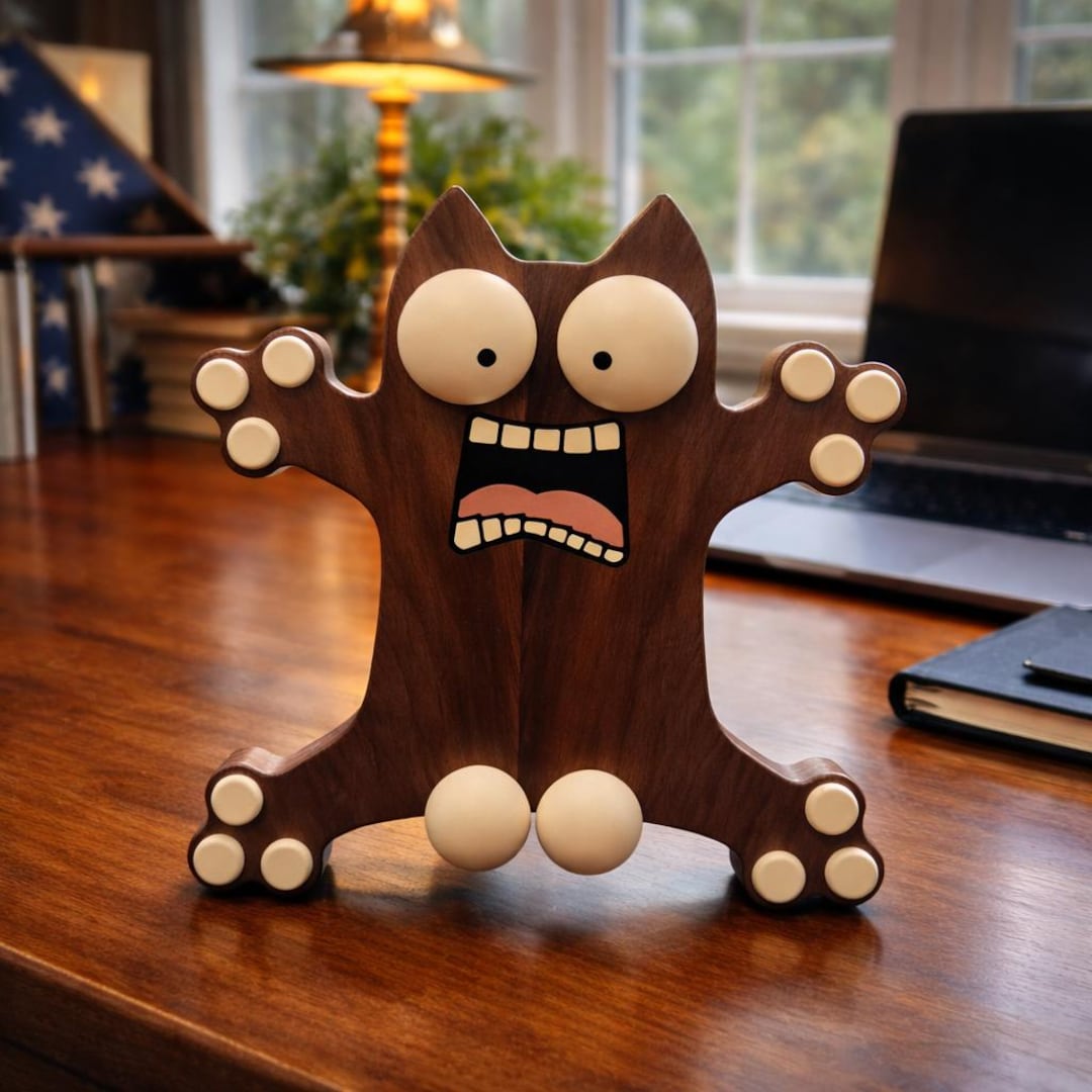 Handmade Wooden Funny Cat Phone Stand, Cute Cat Desk Phone Holder ...