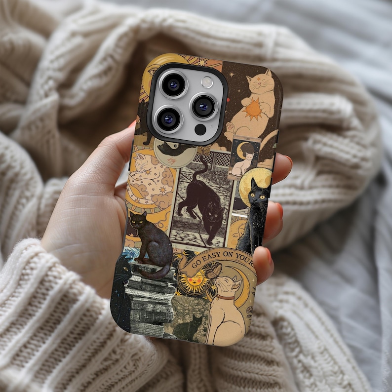 Witchy Black Cat Phone Case, Vintage Celestial Collage Cover, Gothic ...