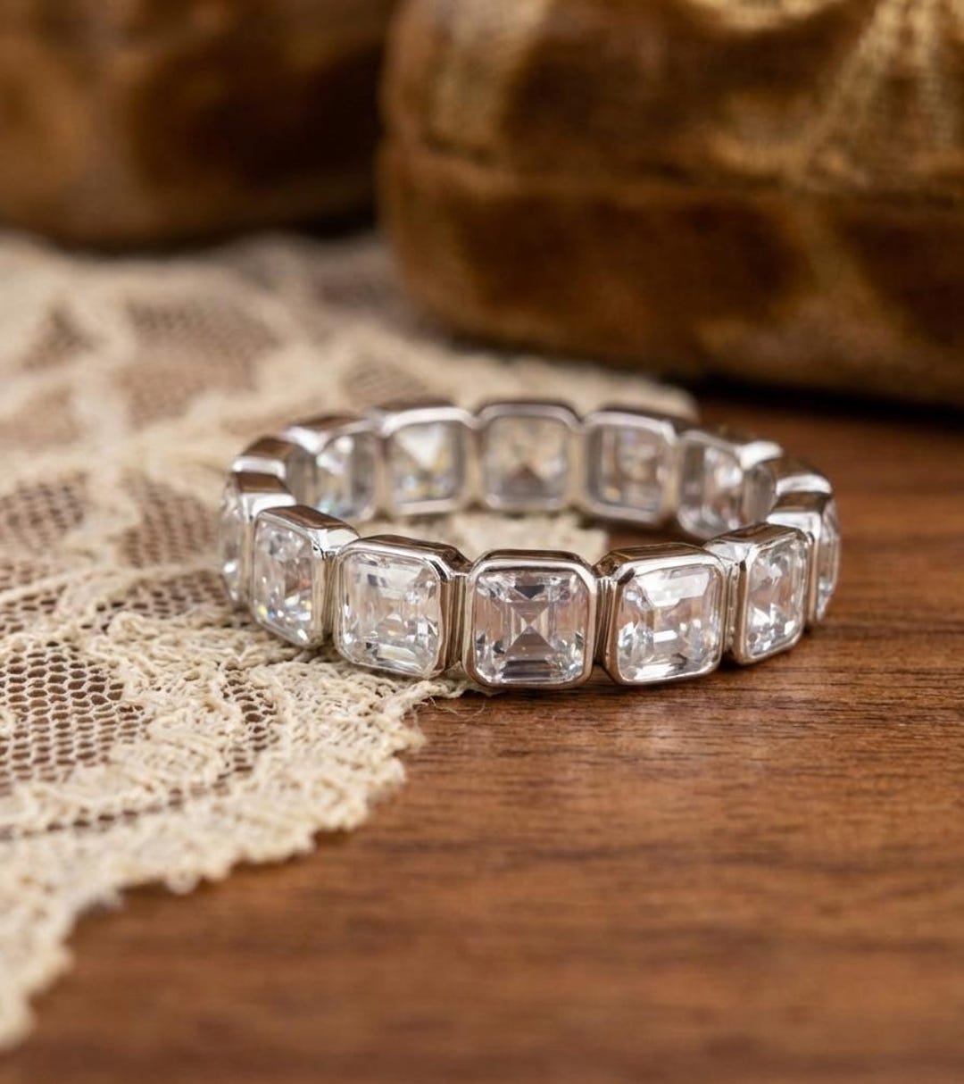 Bezel-set Asscher Cut Diamond Full Eternity Band, Sterling Silver ...
