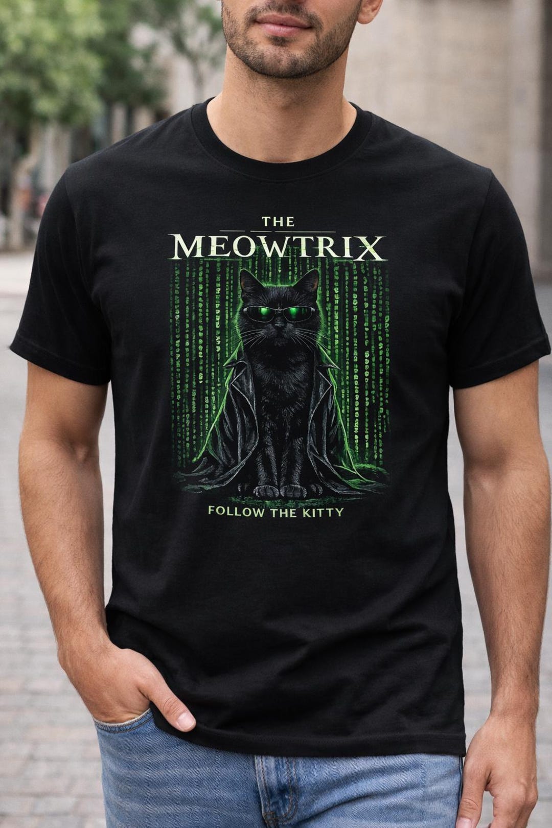 Meowtrix Cat Graphic T-shirt | Black Matrix Parody, Neon Code - Etsy