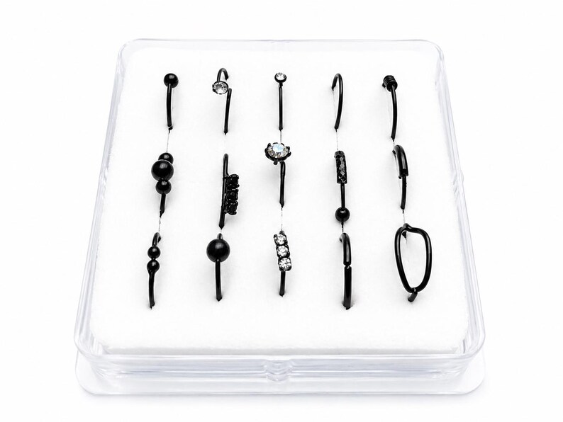 15pcs Black Nose Ring Set Lot | Gothic Crystal Ball Black Nose Hoop ...
