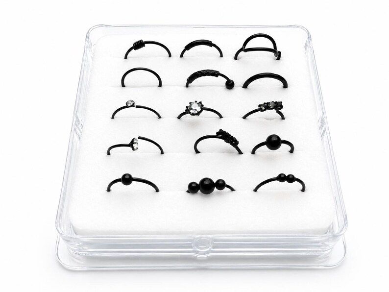 15pcs Black Nose Ring Set Lot | Gothic Crystal Ball Black Nose Hoop ...