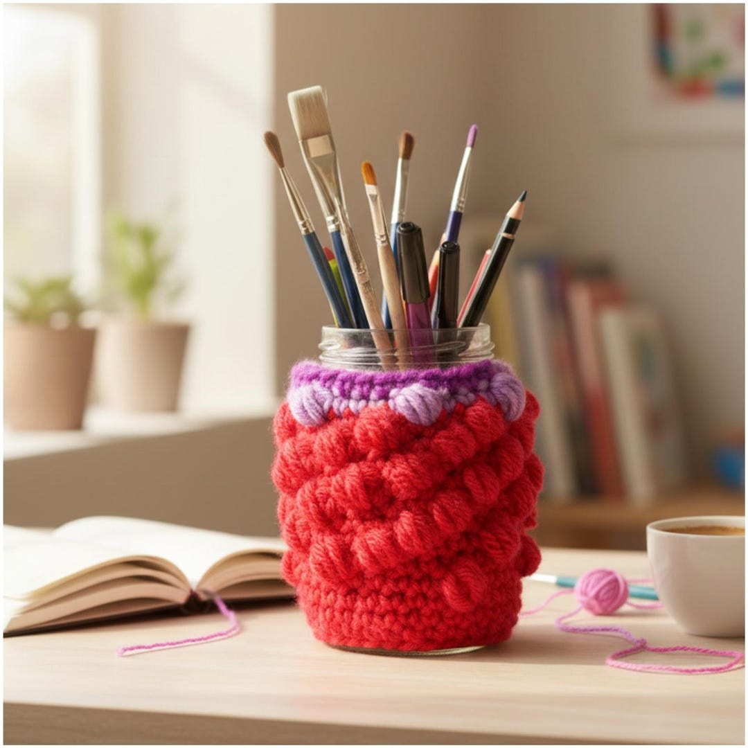 Bobble Stitch Crochet Jar Cozy Pattern | Chunky Yarn Jar Cover ...