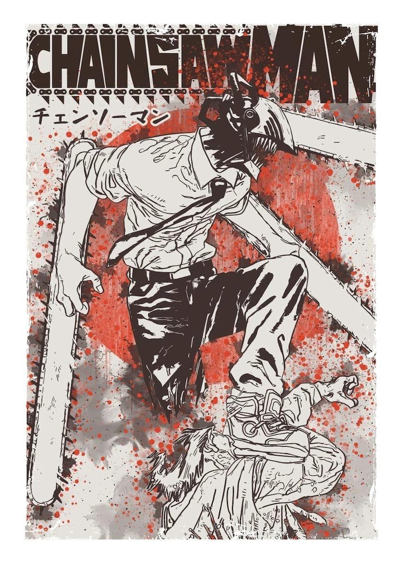 Chainsaw Man Denji Poster, Red Sun Manga Wall Art, Bloody Action Anime ...
