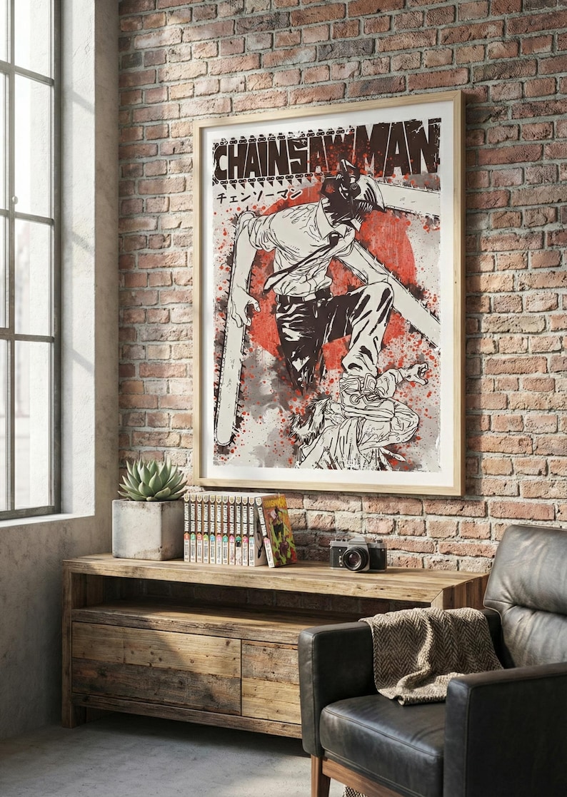 Chainsaw Man Denji Poster, Red Sun Manga Wall Art, Bloody Action Anime ...