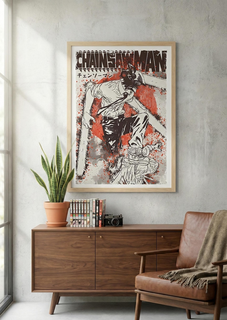 Chainsaw Man Denji Poster, Red Sun Manga Wall Art, Bloody Action Anime ...