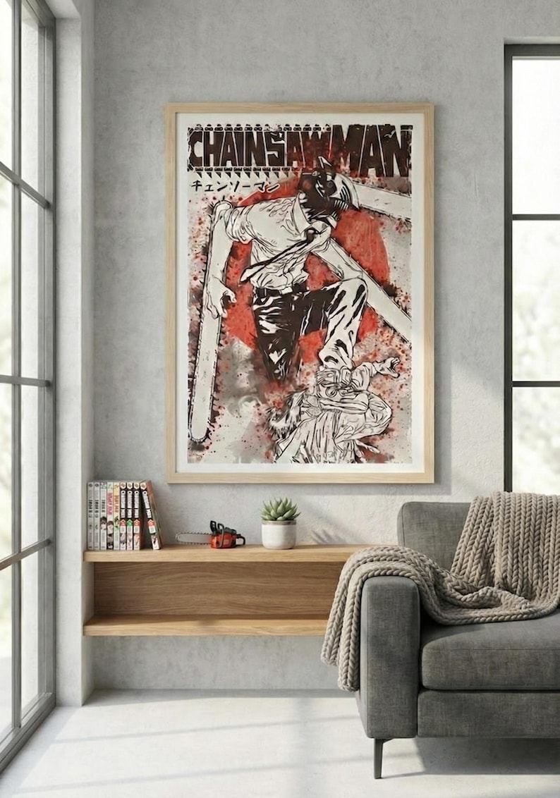 Chainsaw Man Denji Poster, Red Sun Manga Wall Art, Bloody Action Anime ...