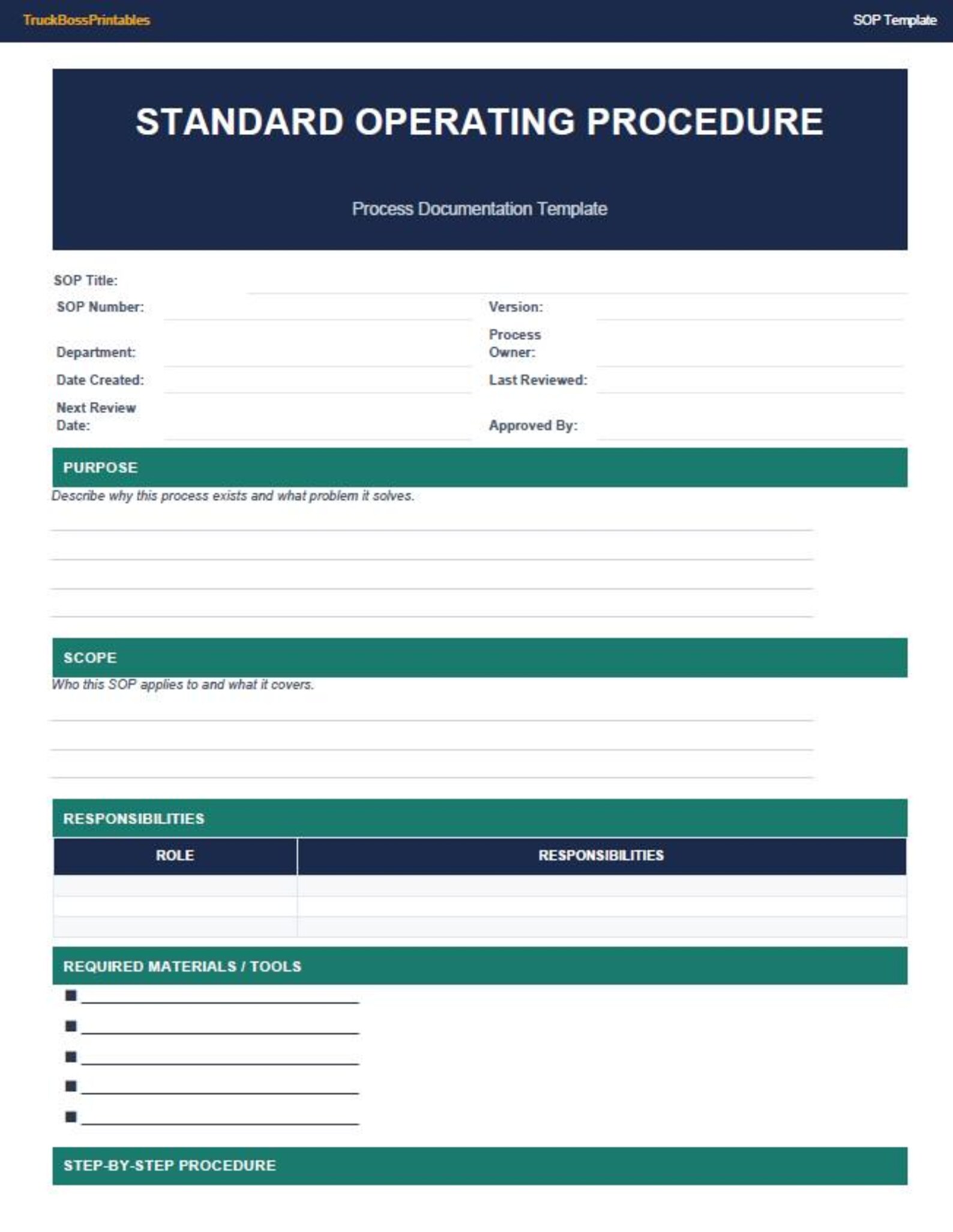 Standard Operating Procedure Template Printable | SOP Template Business ...