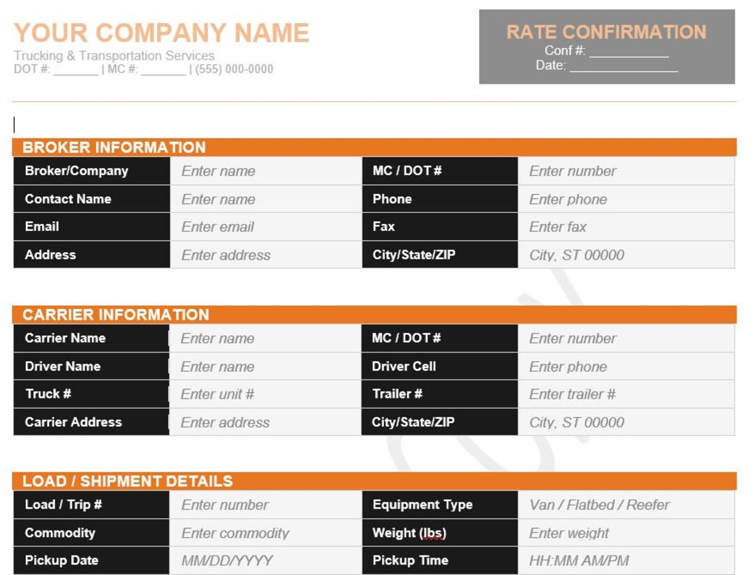 Rate Confirmation/load Agreement Template - Orange Theme - Etsy