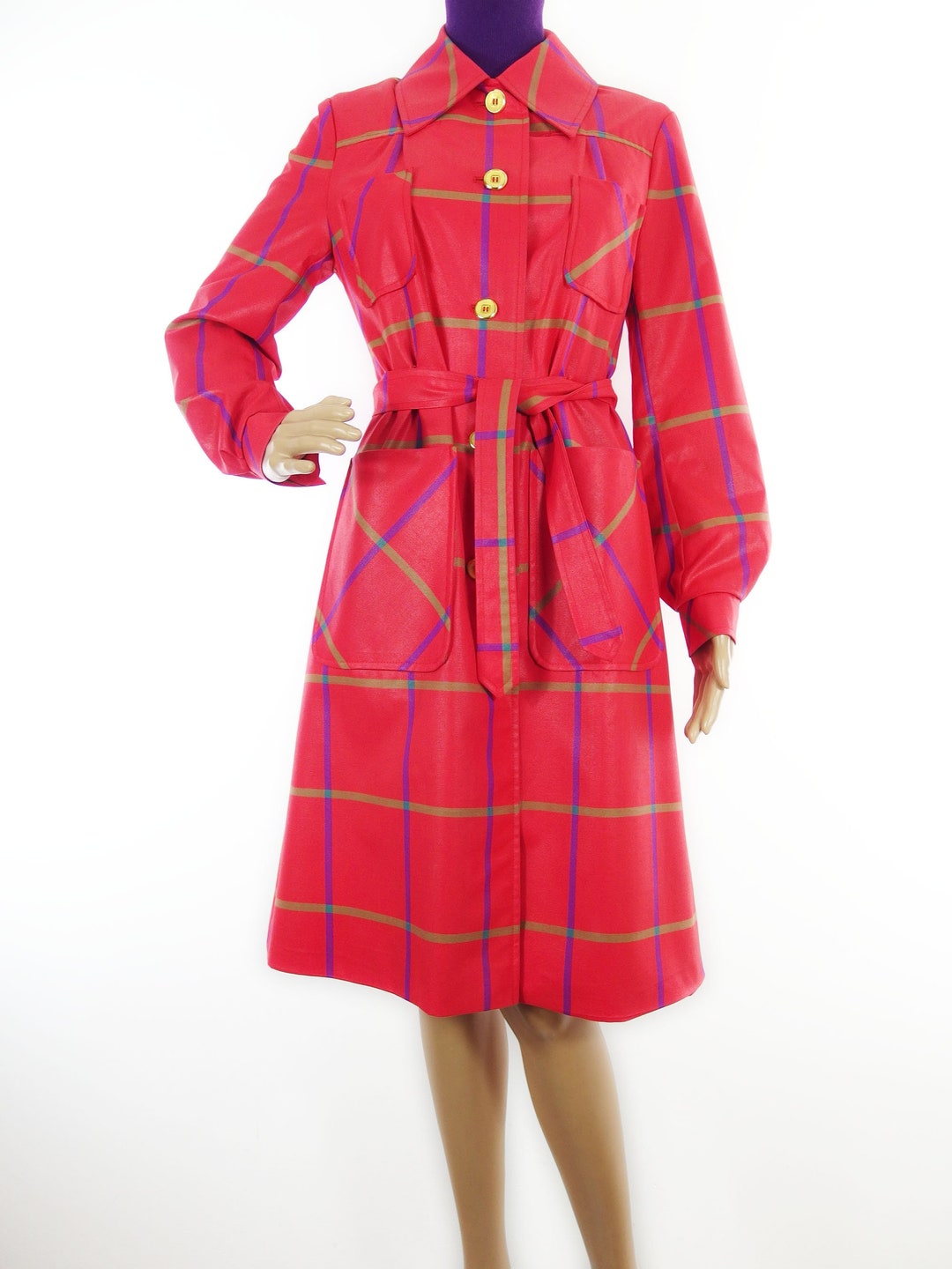 Super Stylish 70s Fit and Flare Red Shiny Oil Cloth Tartan/ Plaid Rain ...