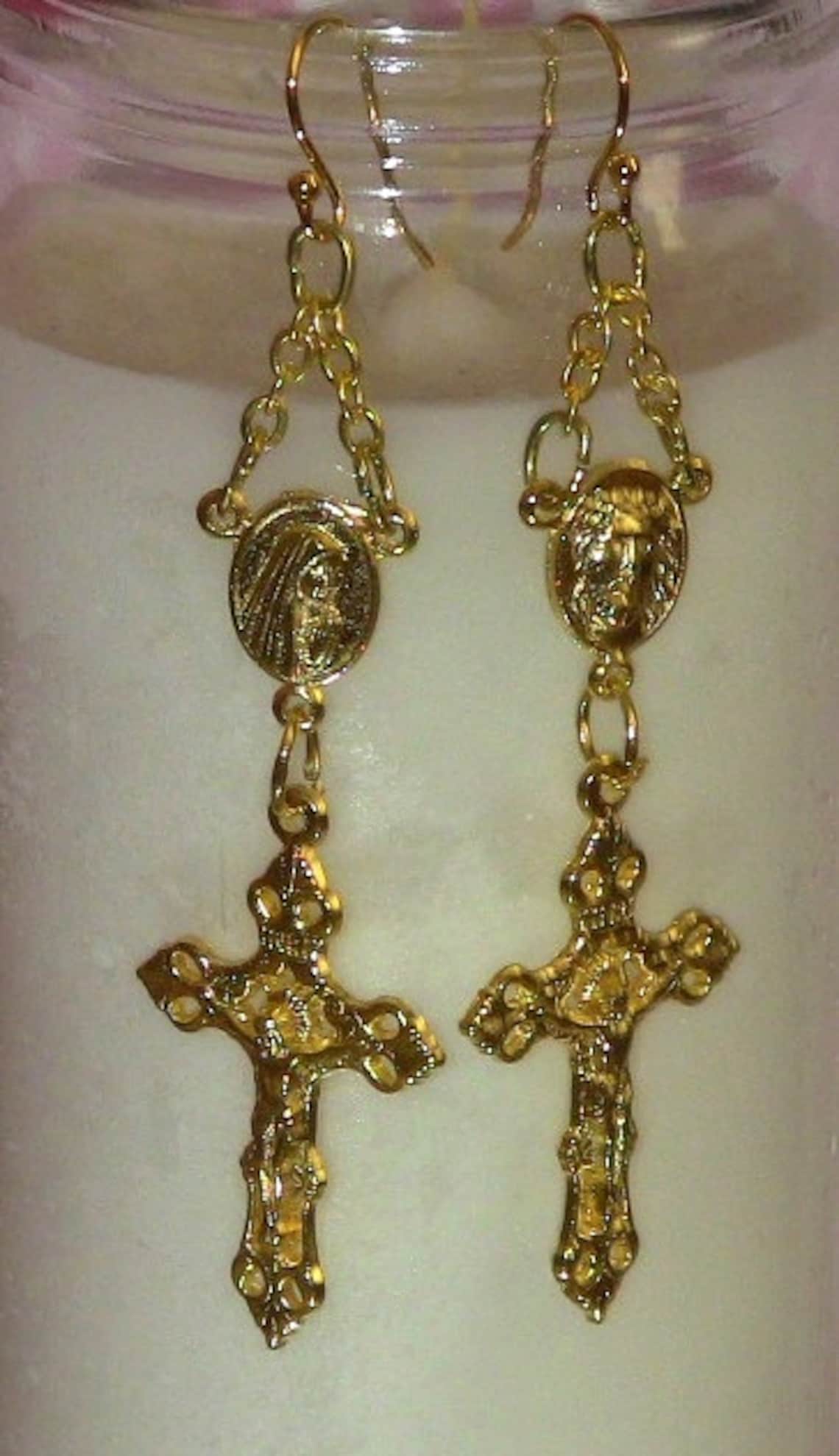 Gold Rosary Earrings Crucifix Catholic Jewelry Christmas Gift - Etsy