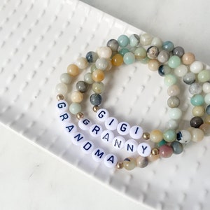 Personalized Beaded Gemstone Stretch Name Bracelet, Custom Grandma Mimi ...