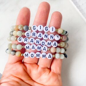 Personalized Beaded Gemstone Stretch Name Bracelet, Custom Grandma Mimi ...