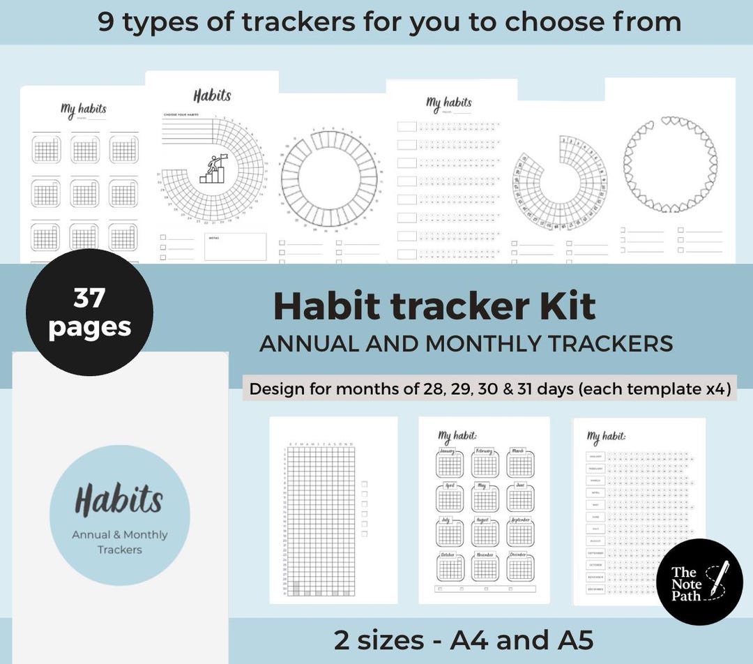 Habit Tracker Kit | Annual and Monthly Trackers | Year in Pixels ...