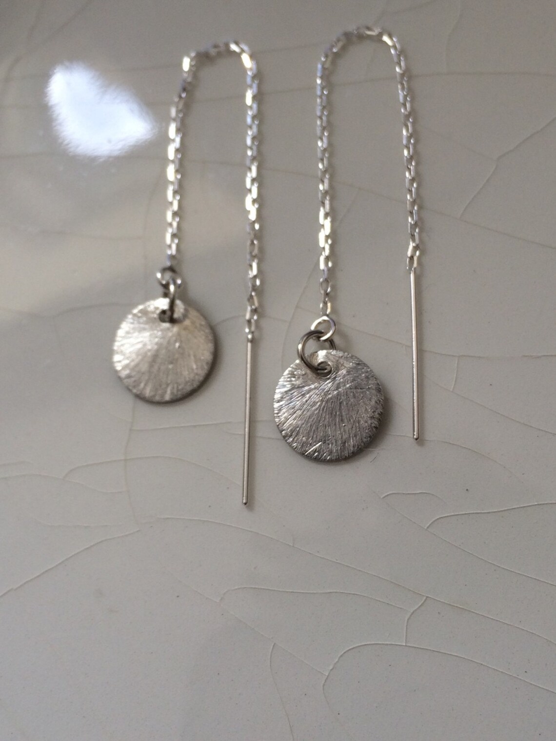 Ear Threader/ear Thread Earrings: Brushed Sterling Silver Disc - Etsy