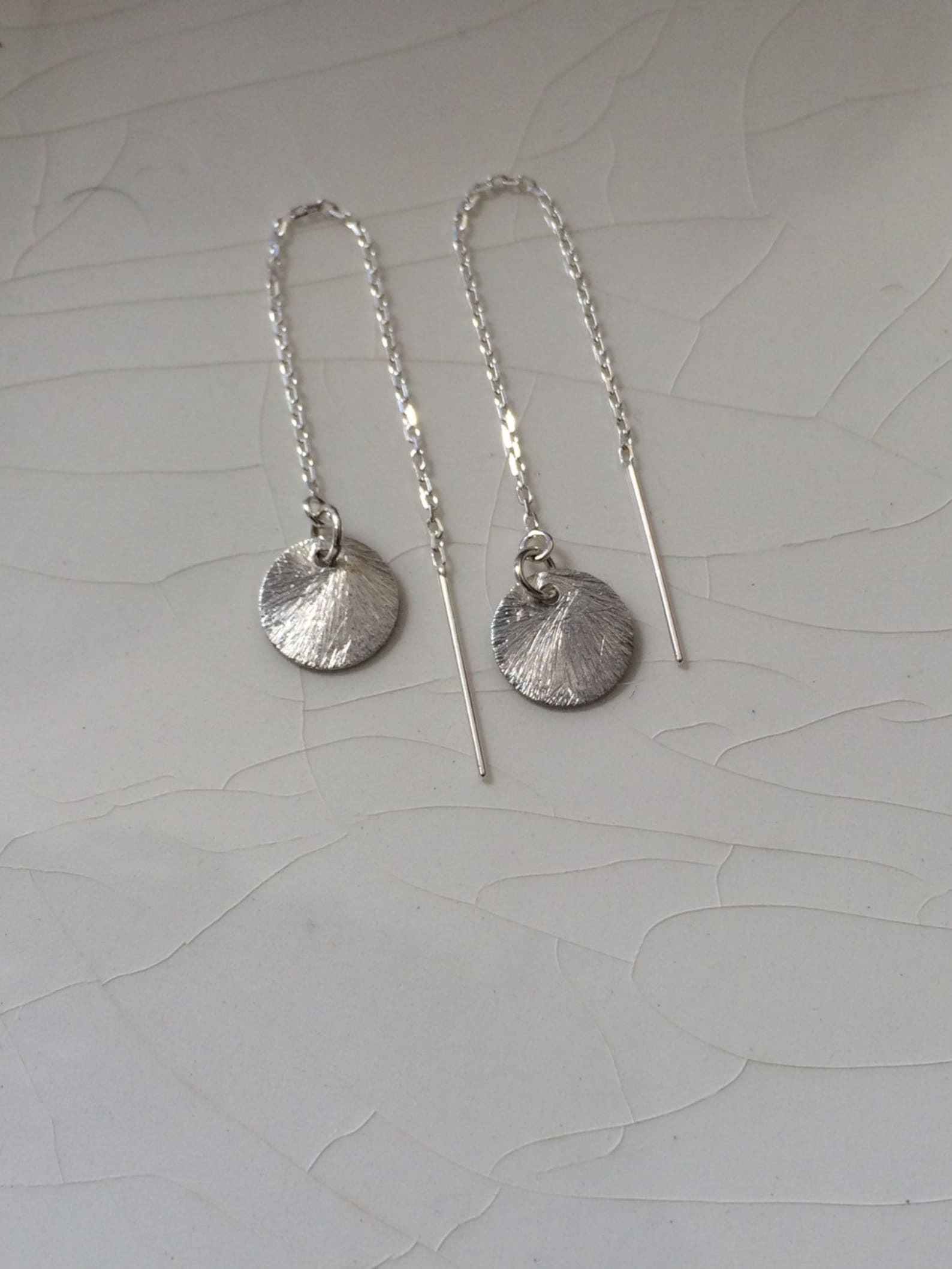 Ear Threader/ear Thread Earrings: Brushed Sterling Silver Disc - Etsy