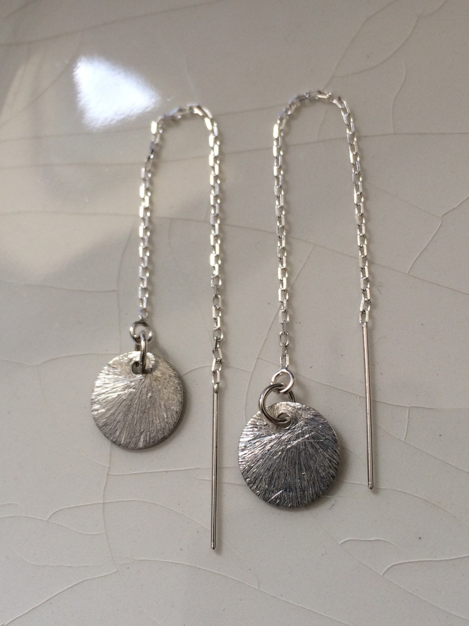 Ear Threader/ear Thread Earrings: Brushed Sterling Silver Disc - Etsy