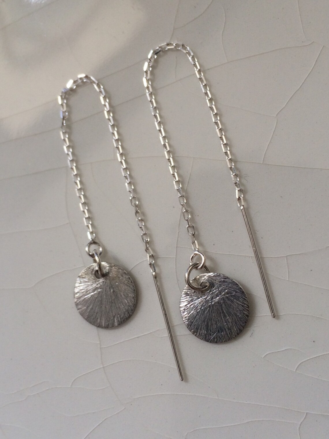 Ear Threader/ear Thread Earrings: Brushed Sterling Silver Disc - Etsy