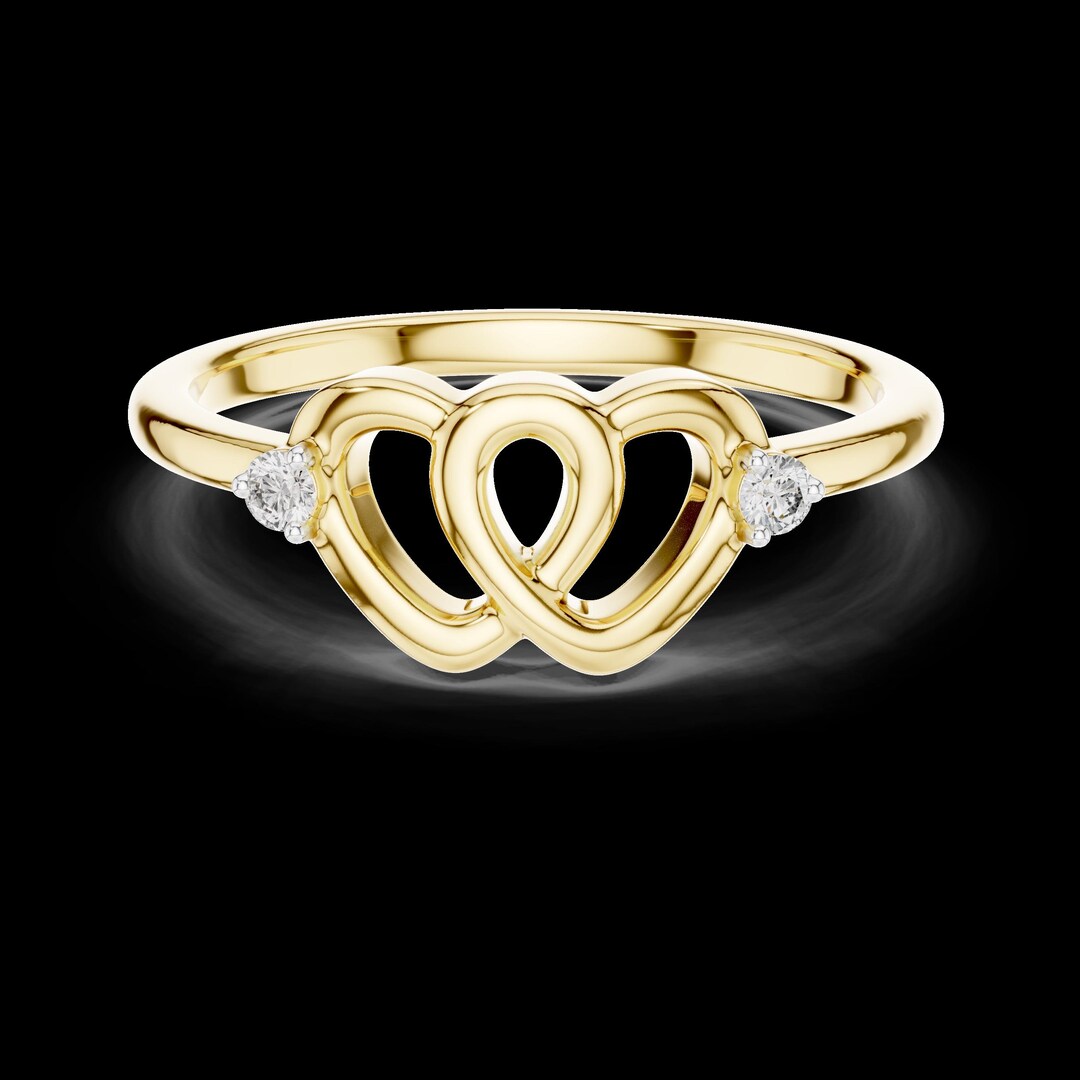 14k Gold Interlocking Double Heart Diamond Ring • Promise Anniversary ...