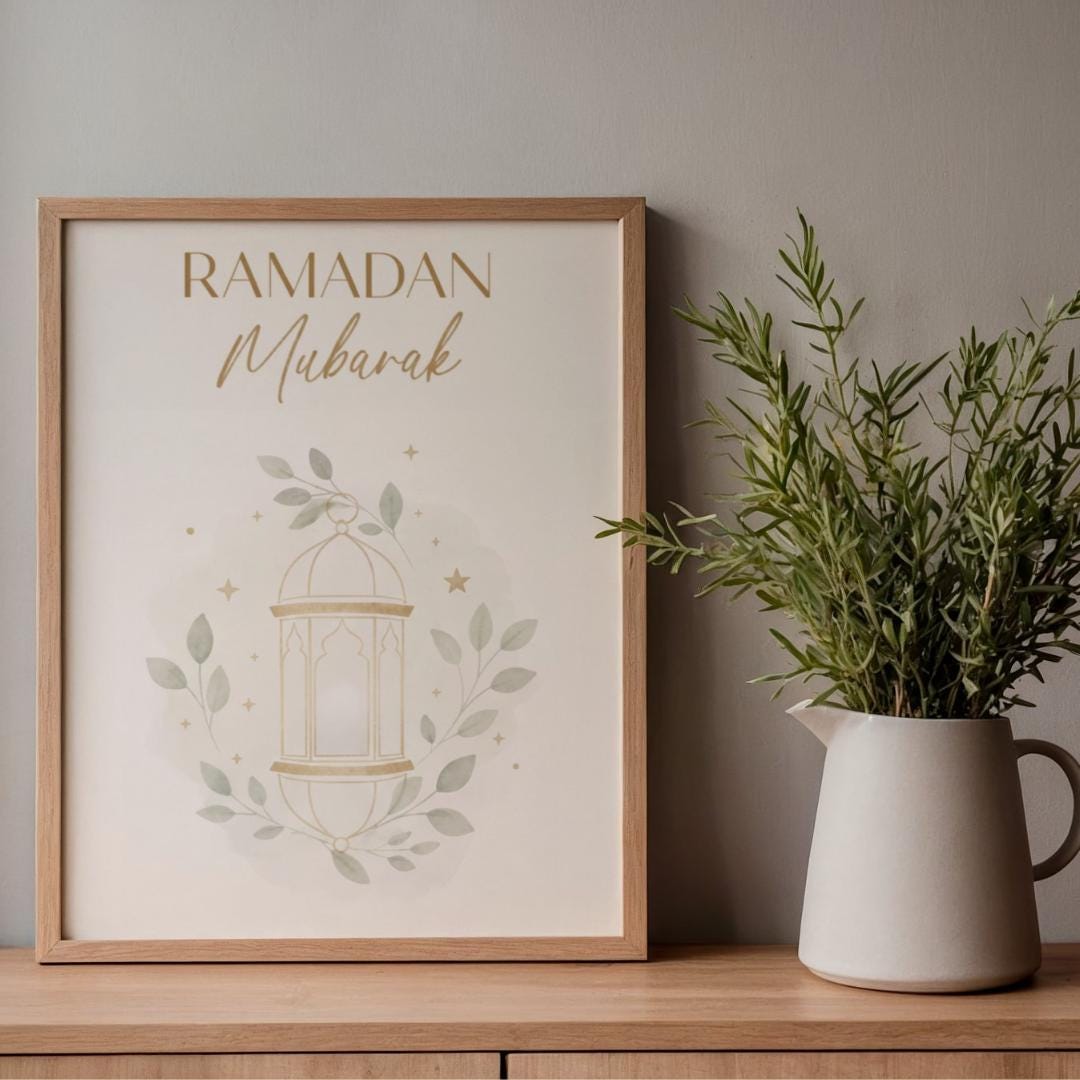 Ramadan Digital Wall Poster – Lantern & Branches, Green Ramadan Decor ...