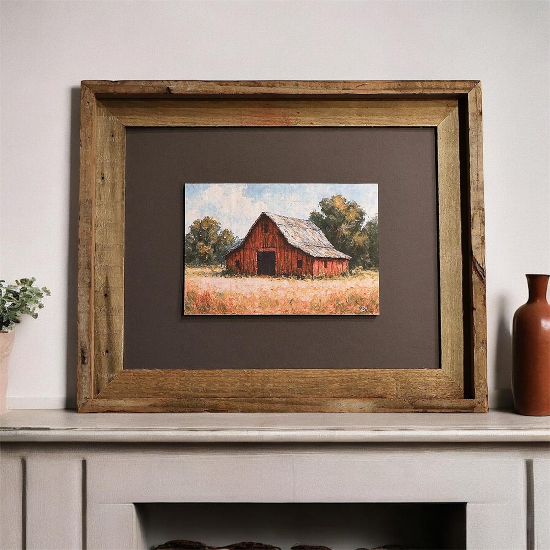Framed Art Print, Rustic Red Barn Landscape Painting Print, Farmhouse ...