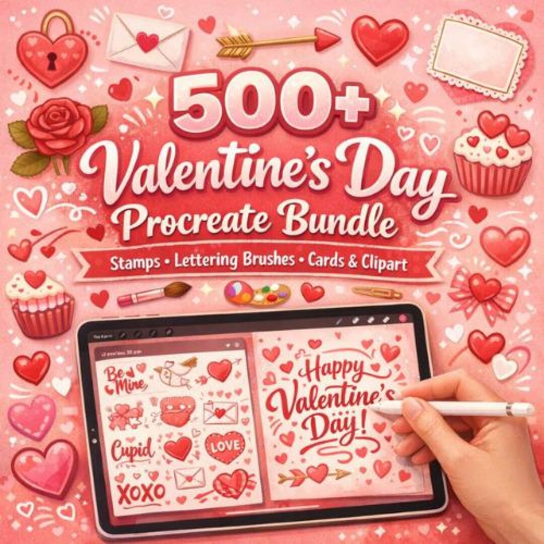 500+ Valentine Procreate Brushes Pack | Love Stamps, Romantic Lettering ...