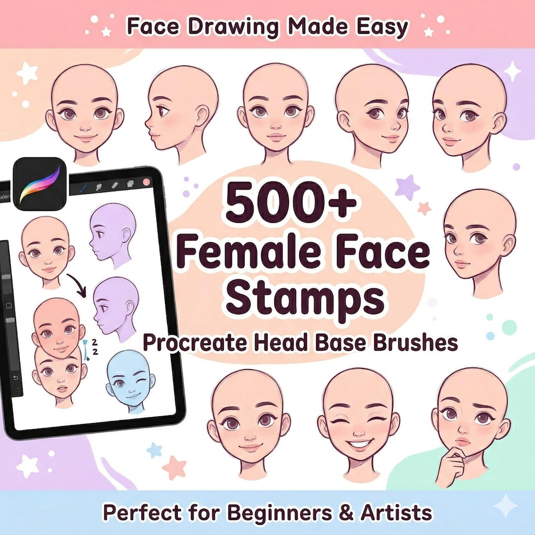 500+ Female Face Stamps Procreate | Minimal Head Base Brushes | Clean ...