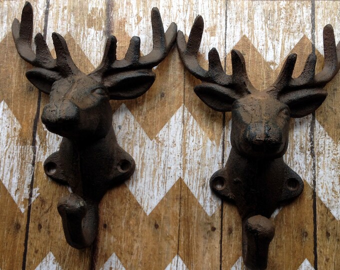 Set of 2 Cast Iron Deer Head Wall Hooks Stag Elk Coat Hooks Hangers ...