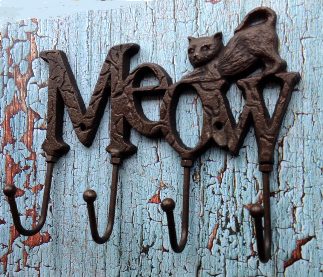 Cast Iron Cat Wall Hook Key Holder Leash Holder Meow Sign With 4 Hooks ...