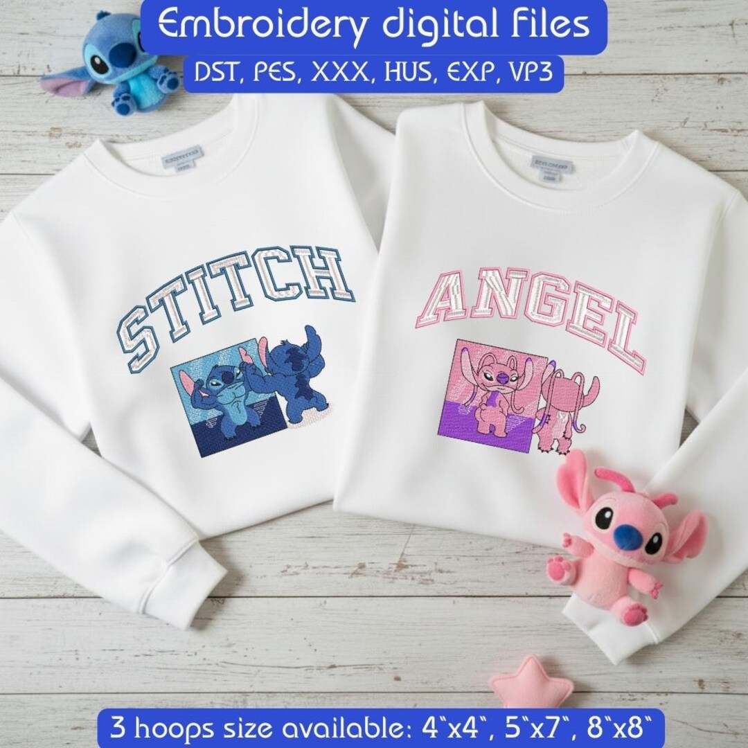Stitch and Angel Couple Embroidery File, Cute Cartoon Stitch Design ...
