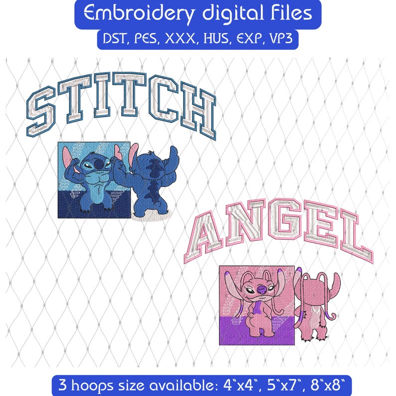 Stitch and Angel Couple Embroidery File, Cute Cartoon Stitch Design ...