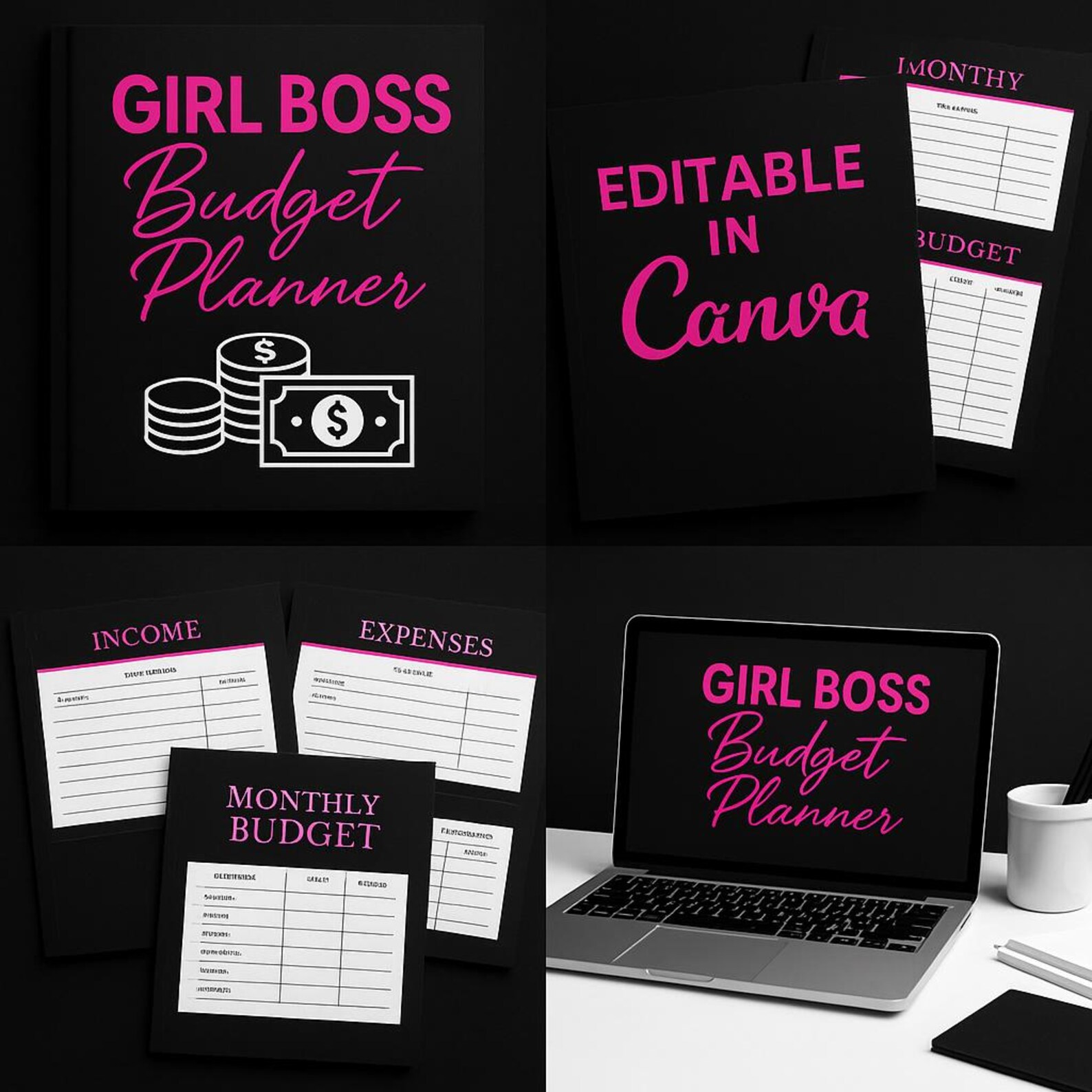 Girl Boss Budget Planner | Editable Canva Budget Template | Black ...