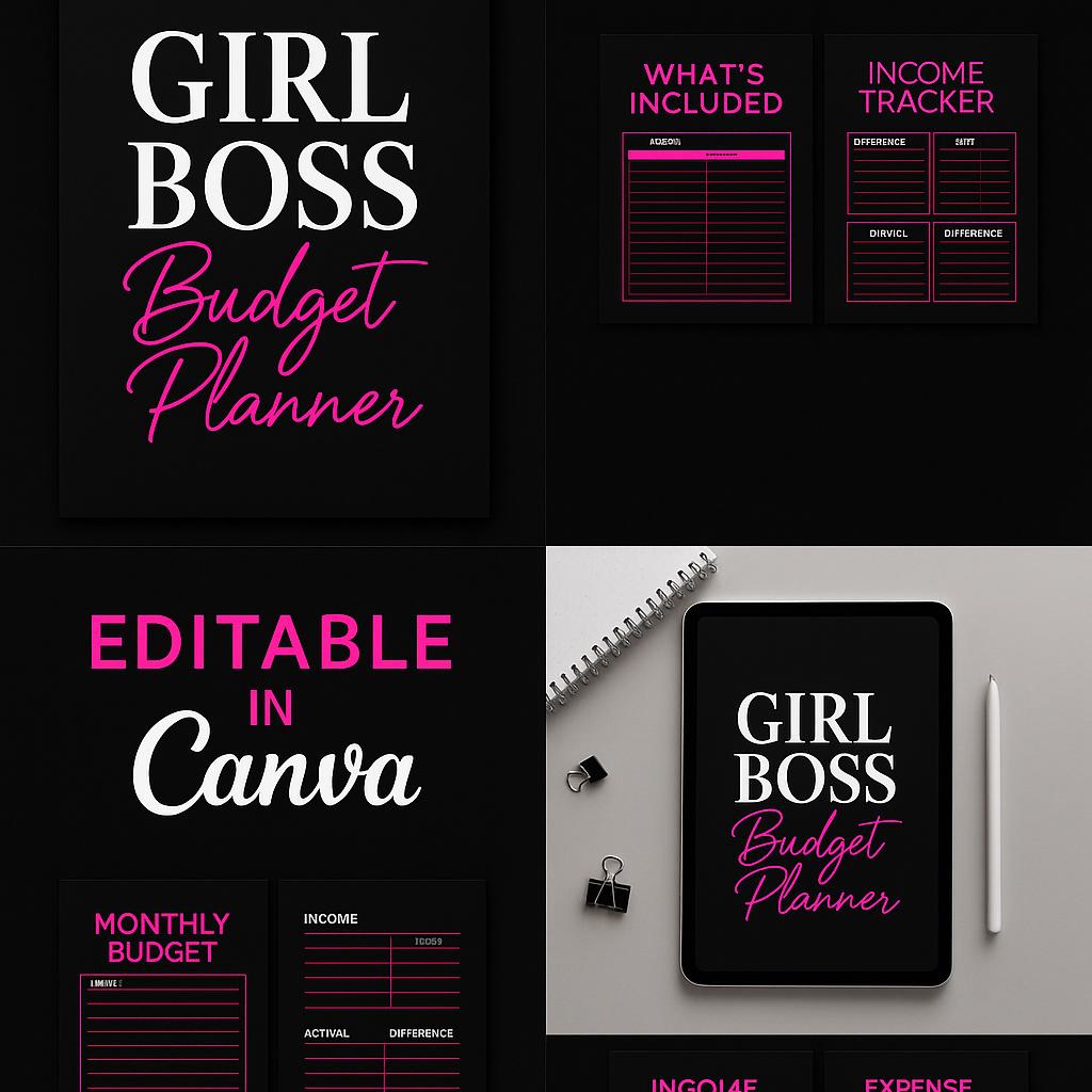 Girl Boss Budget Planner | Editable Canva Budget Template | Black ...
