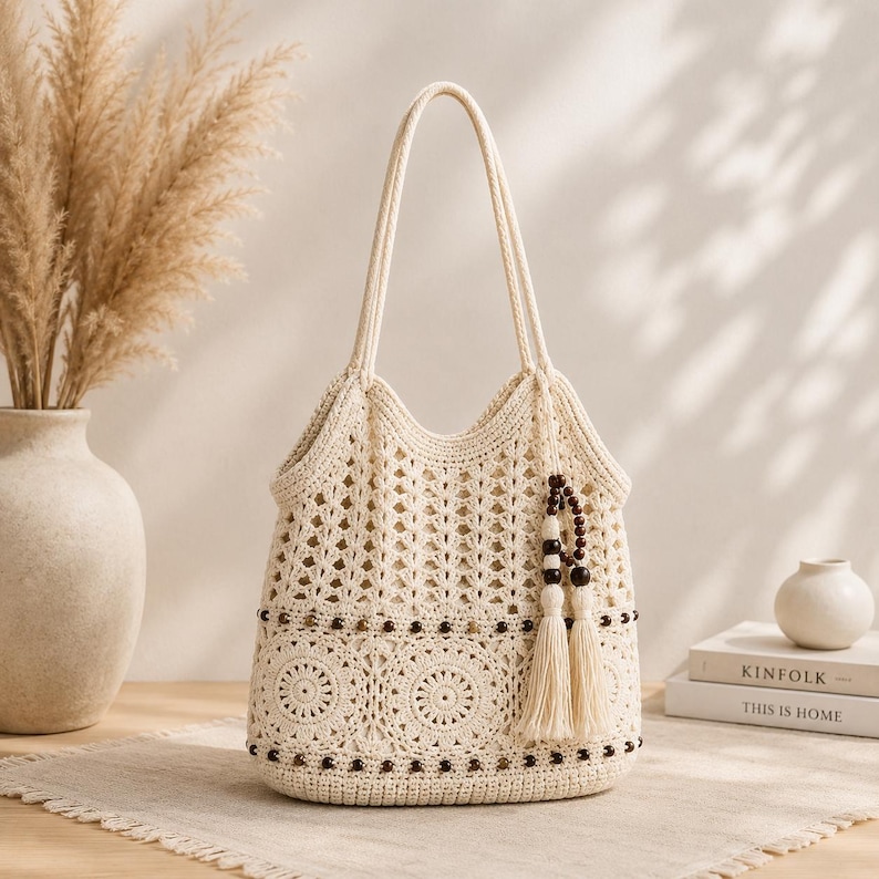 Boho Crochet Tote Bag, Open Weave Beach Shoulder Purse, Tassel Charm ...