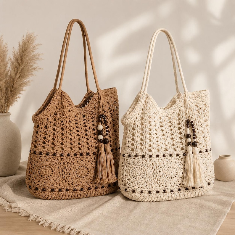 Boho Crochet Tote Bag, Open Weave Beach Shoulder Purse, Tassel Charm ...