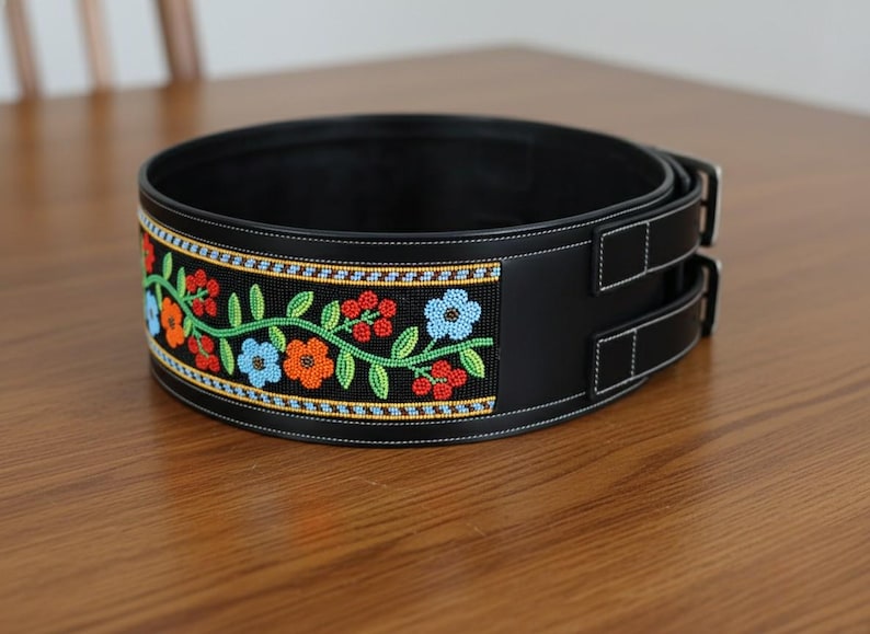 Handmade Beaded Wide Black Leather Belt | Colorful Floral Beadwork ...