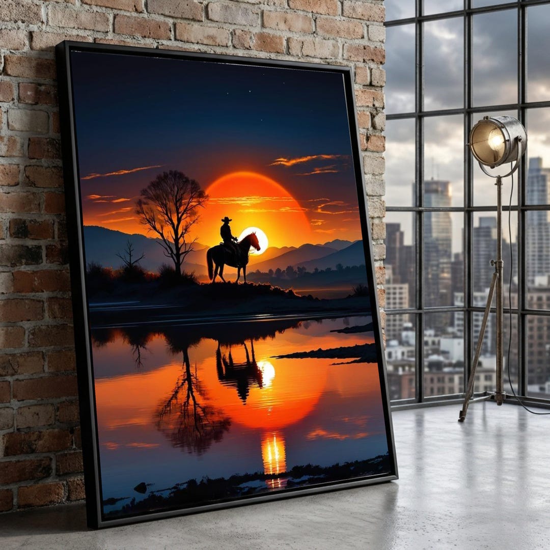 Sunset Cowboy Silhouette Canvas, Western Landscape Wall Art, Modern ...