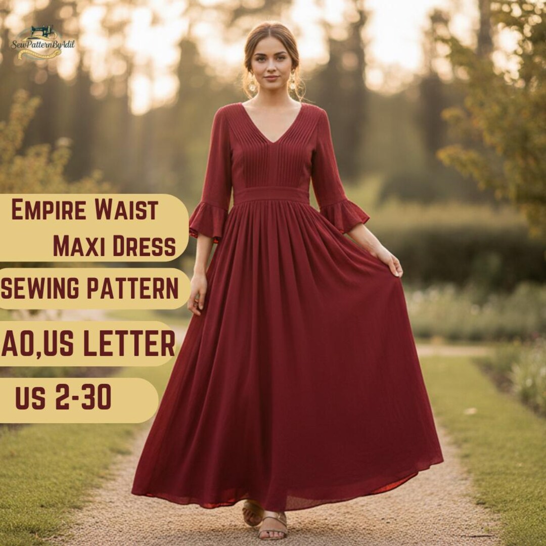 Empire Waist Maxi Dress Sewing Pattern | Bell Sleeve Gown Digital PDF ...