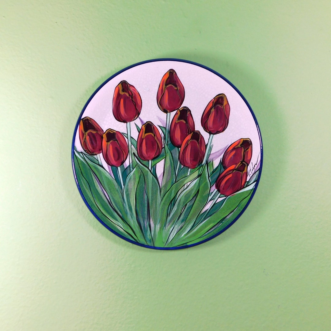 Vintage Red Tulips Art Pottery Plate, Hand Made Painted Tulips Plate ...