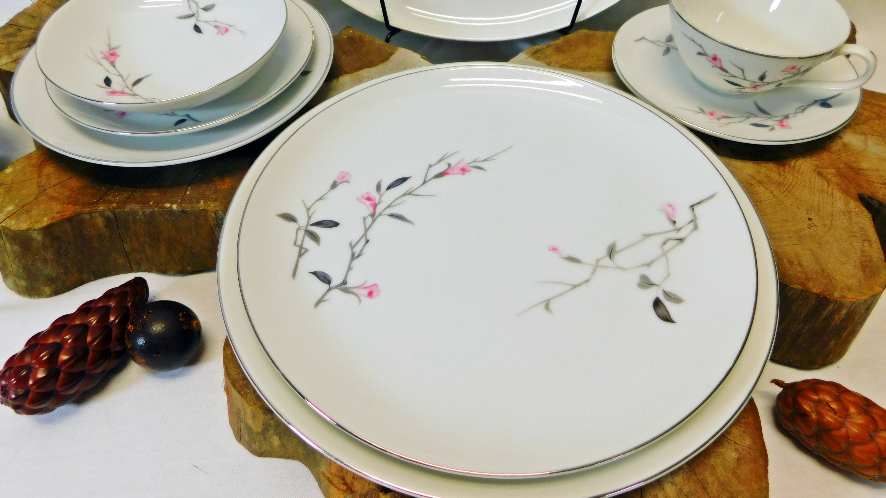 Vintage Cherry Blossom China Set: Japan Dinnerware, Platinum Rim (58 ...
