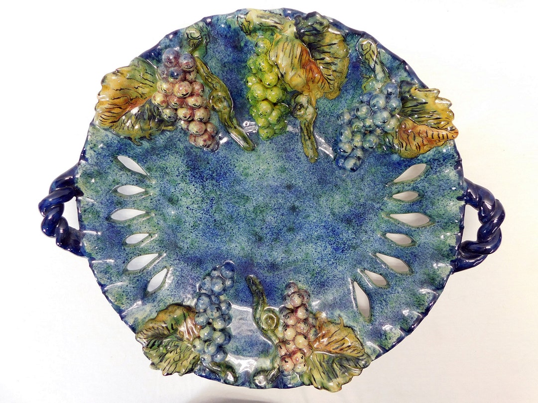 Vintage Mexican Majolica Hand Made Grape Platter/bowl With Handles ...