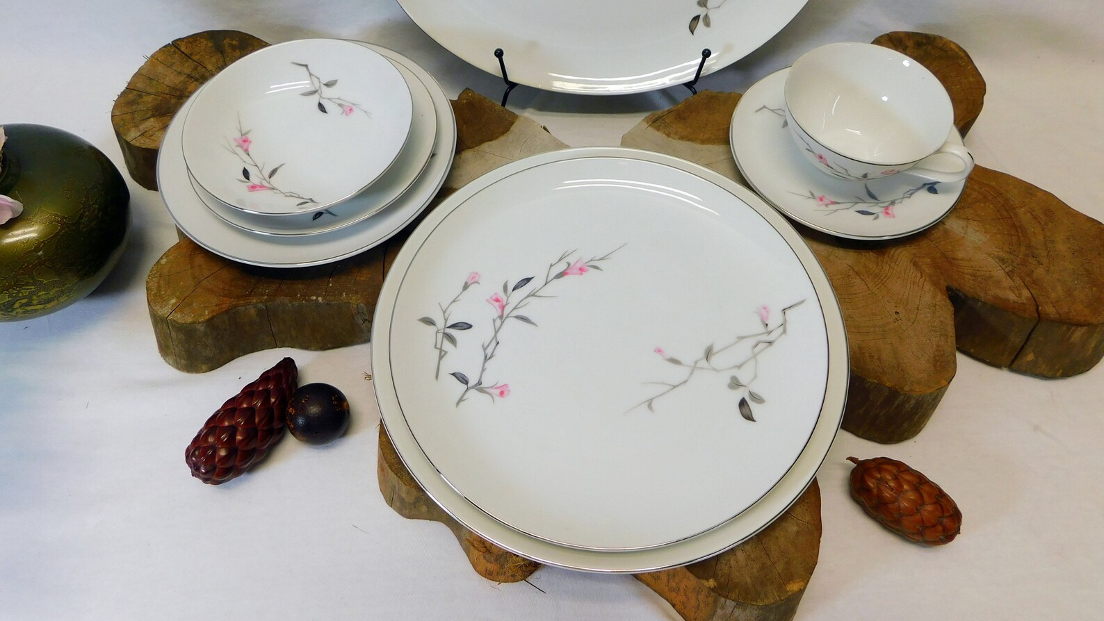 Vintage Cherry Blossom China Set: Japan Dinnerware, Platinum Rim (58 ...